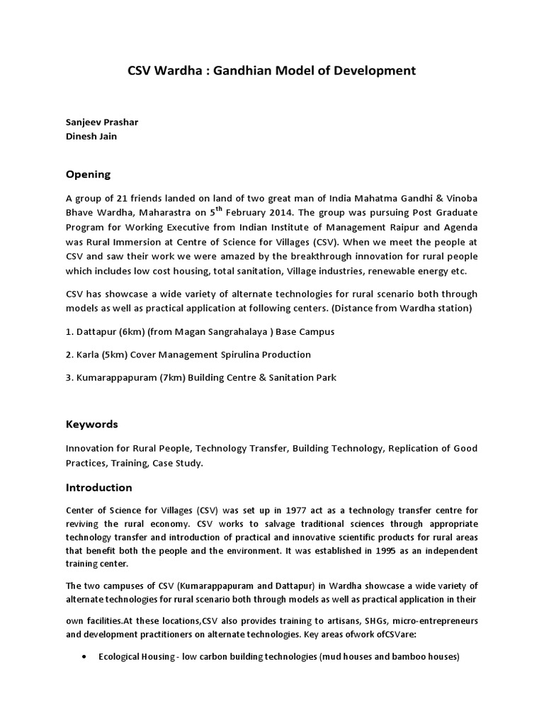 CSV Wardha - Gandhian Model of Development | PDF | Deep Foundation | Roof