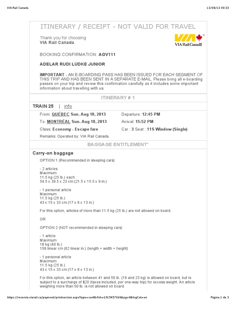 Via Rail Canada Itinerary | Ticket (Admission) | Payments