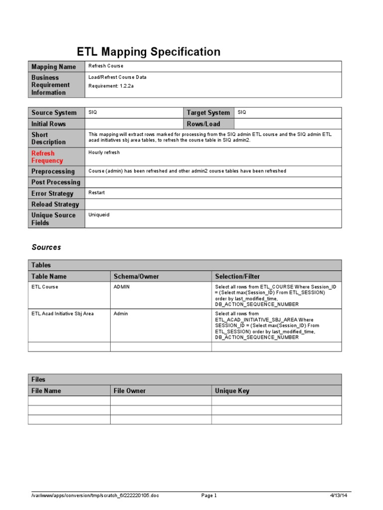 ETL Mapping Specifications Completed SAMPLE FILE | PDF