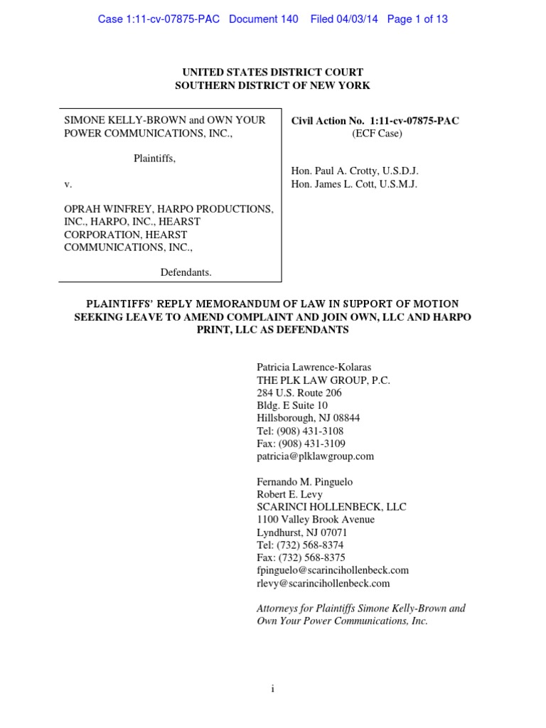 PLAINTIFFS’ REPLY MEMORANDUM OF LAW IN SUPPORT OF MOTION SEEKING LEAVE ...