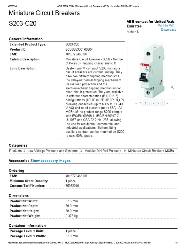 ABB S203-C20 - Miniature Circuit Breakers MCBs - Modular DIN Rail ...