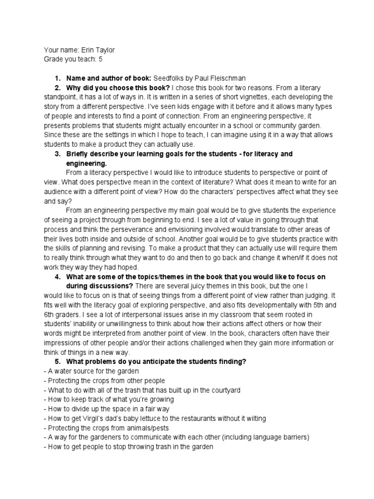 Seedfolks Novel Engineering Lesson Plan Assignment | PDF ...