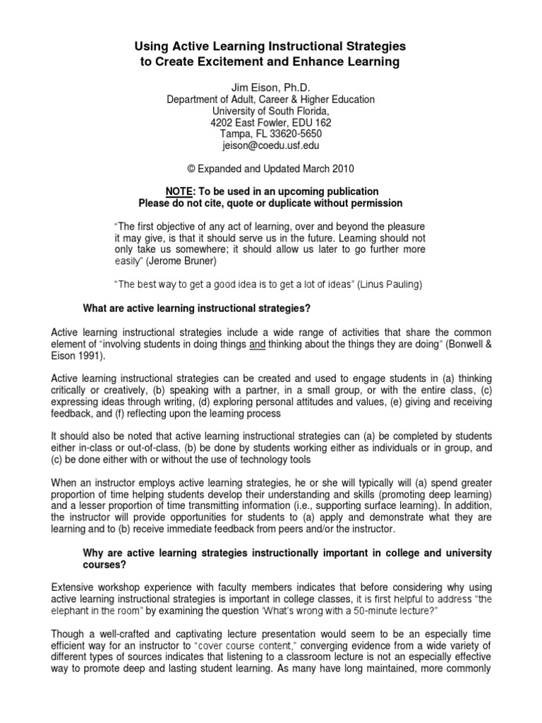 Active Learning - Creating Excitement in The Classroom - Handout | PDF ...