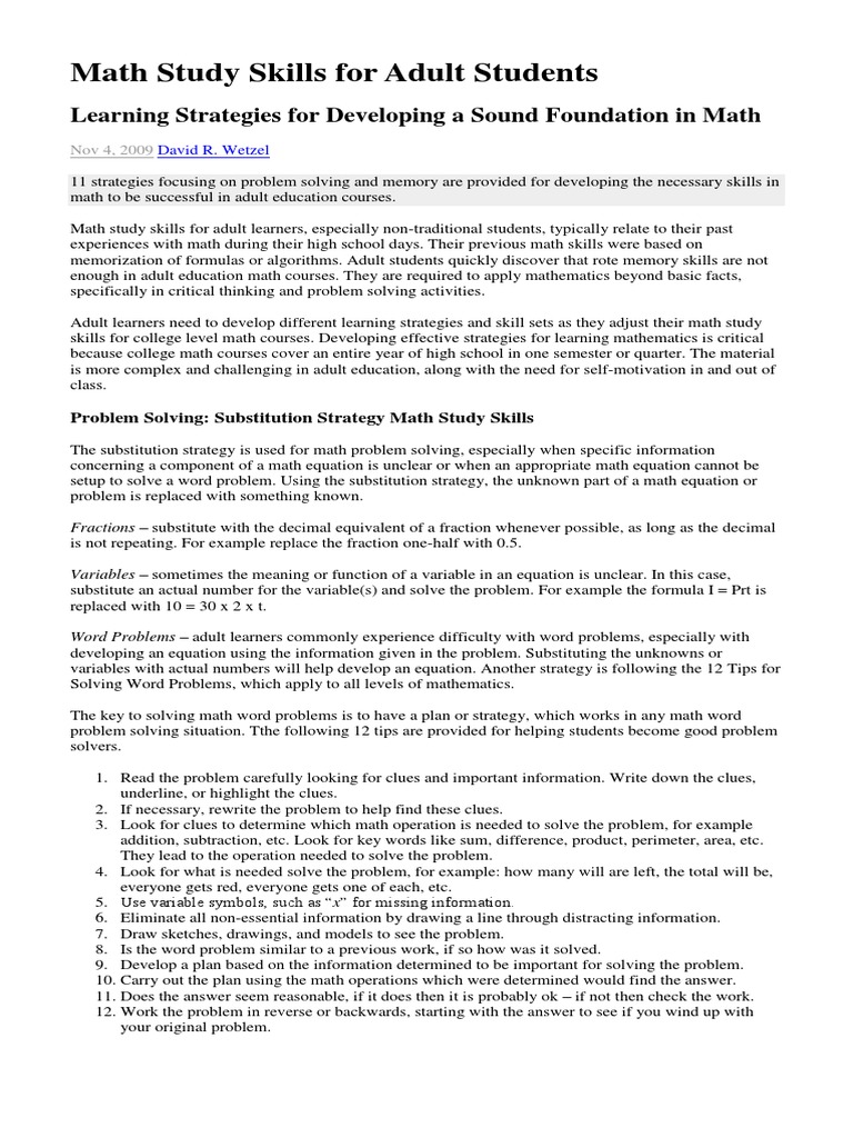 Math Study Skills for Adult Learners | PDF | Adult Education | Study Skills