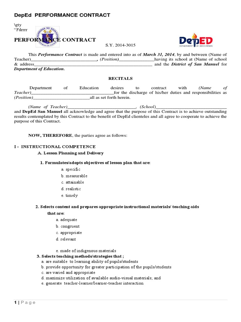 Deped Performance Contract Template | PDF | Educational Assessment ...