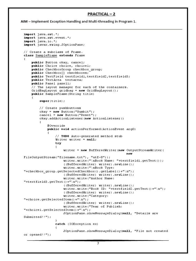 Practical - 2: AIM - Implement Exception Handling and Multi-Threading in Program 1 | PDF | Port ...