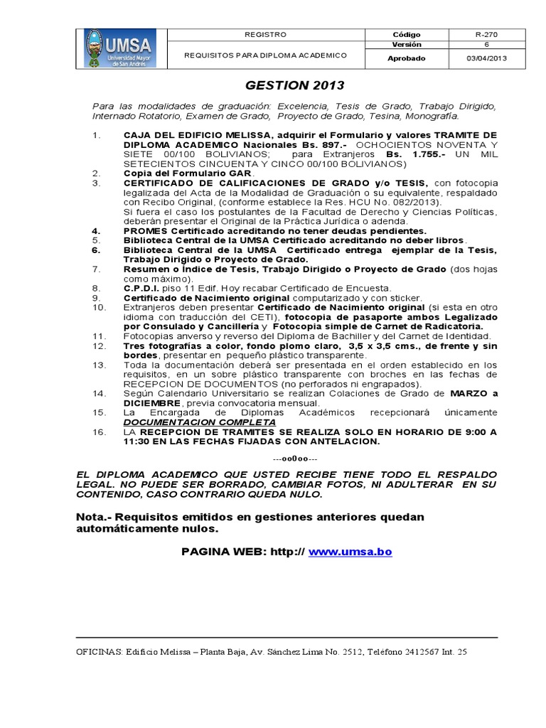 Requisitos para Diploma Académico UMSA | PDF