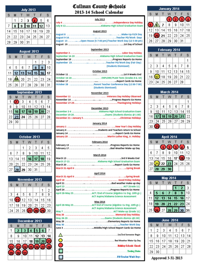 2013-14 School Calendar Approved 3-31-2013-Includes Report Card Dates ...