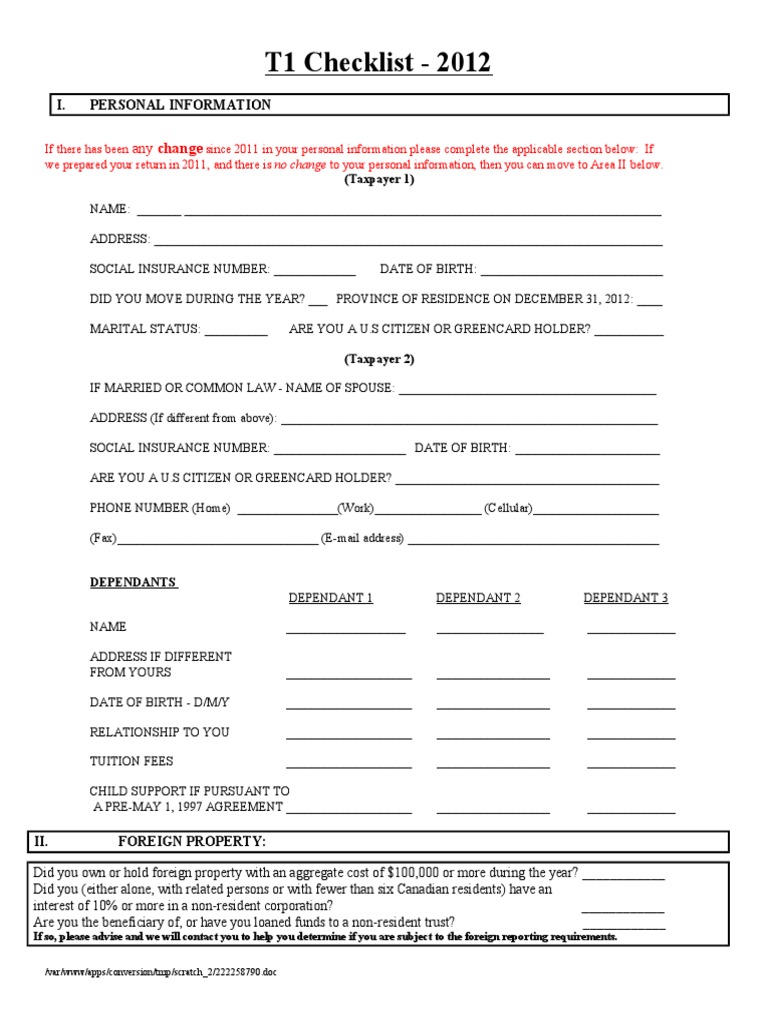 T1 2012 Checklist | PDF | Insurance | Payments