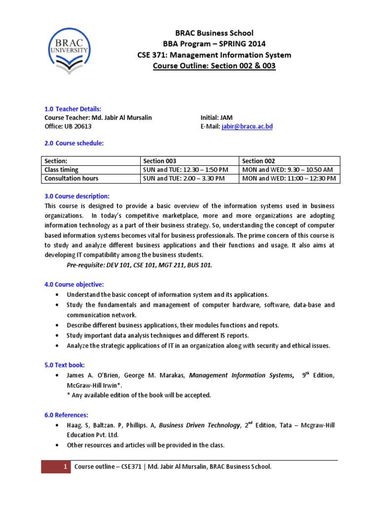 Course Outline - CSE 371 | PDF | Management Information System ...