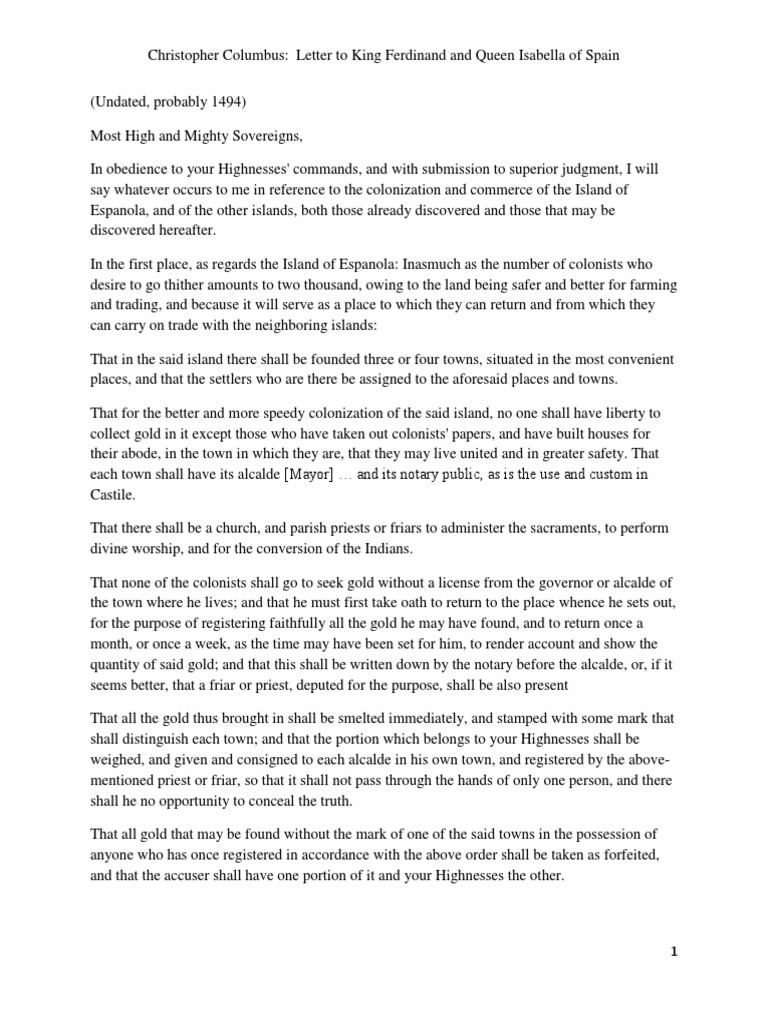 Christopher Columbus Letter To The King and Queen of Spain | PDF ...