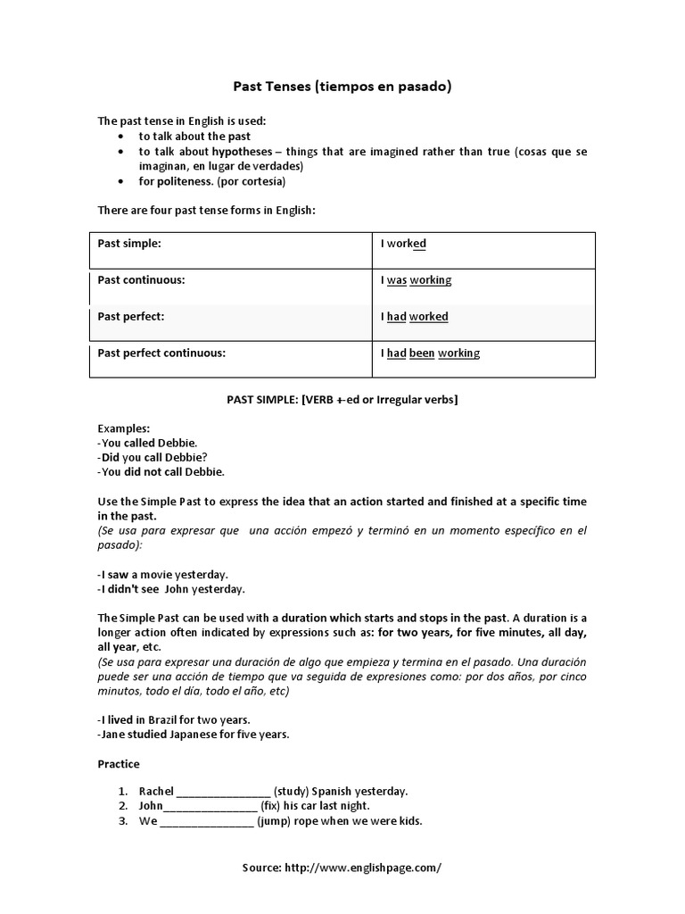 Past Tenses Explanation - Exercises | PDF | Grammatical Tense | Perfect ...