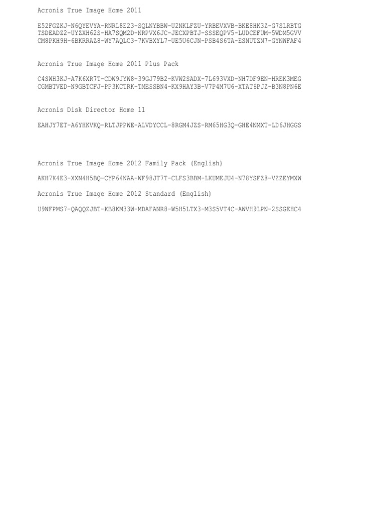 Acronis True Image Home 2011 Keys | PDF | Games & Activities | Computers