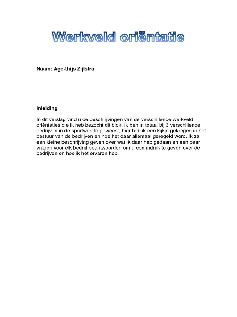 Werkveld Orientatie Verslag | PDF