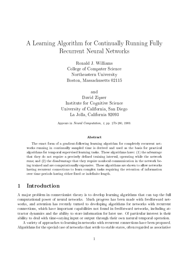 A Learning Algorithm For Continually Running Fully Recurrent Neural Networks | PDF | Artificial ...
