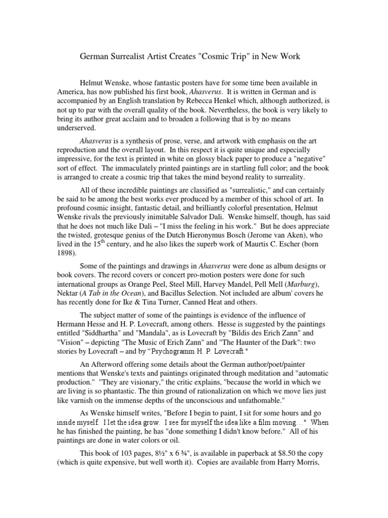 German Surrealist Artist Helmut Wenske Creates Cosmic Trip in New Work ...