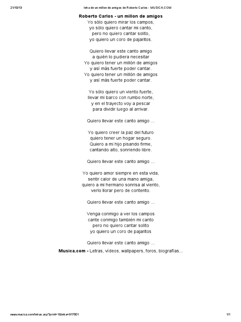 Letra de Un Millon de Amigos de Roberto Carlos PDF | PDF ...