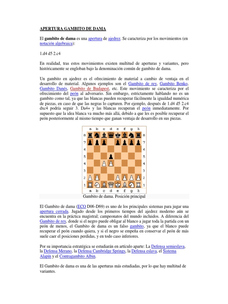 Gambito de Dama | PDF | Aperturas de ajedrez | Juegos de mesa tradicionales