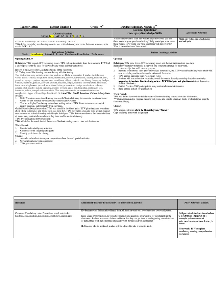 Flocabulary Vocabulary Lesson Plan | PDF | Vocabulary | Homework