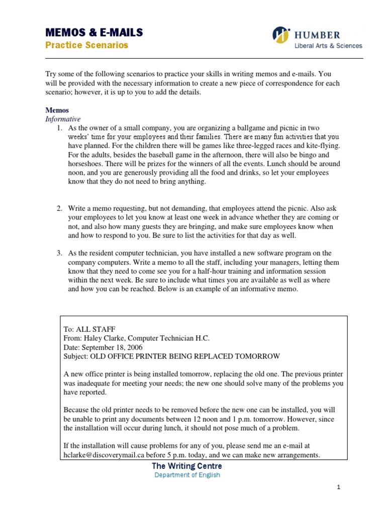 Memos and Emails-Practice Scenarios | PDF | Printer (Computing) | Email