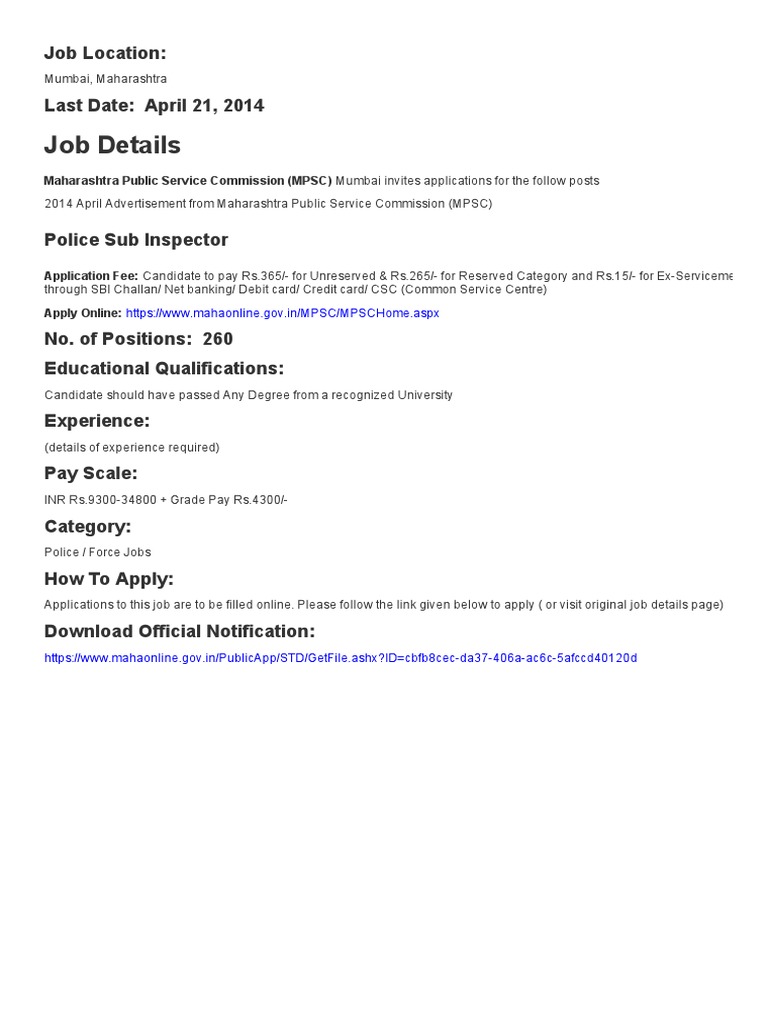 Job Details: Job Location: Last Date: April 21, 2014 | PDF
