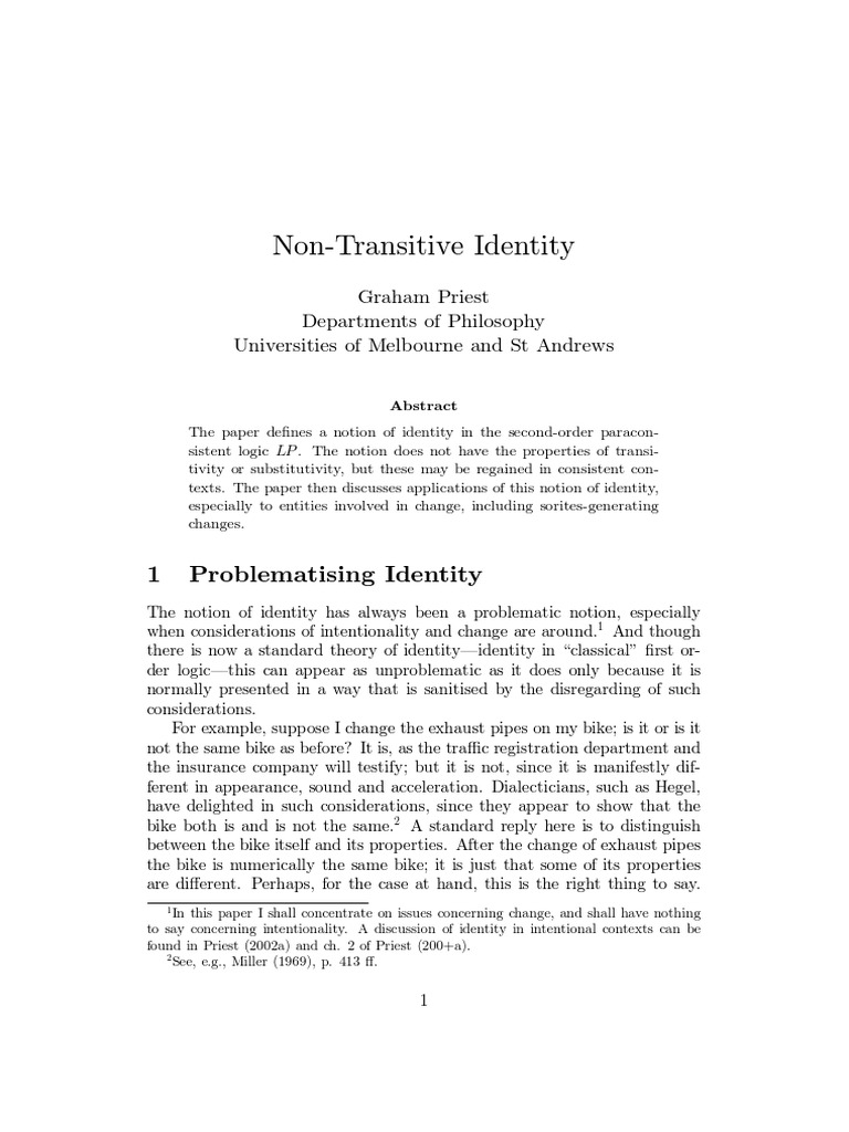 Priest - Non Transitive Identity | PDF | Interpretation (Logic) | Logic