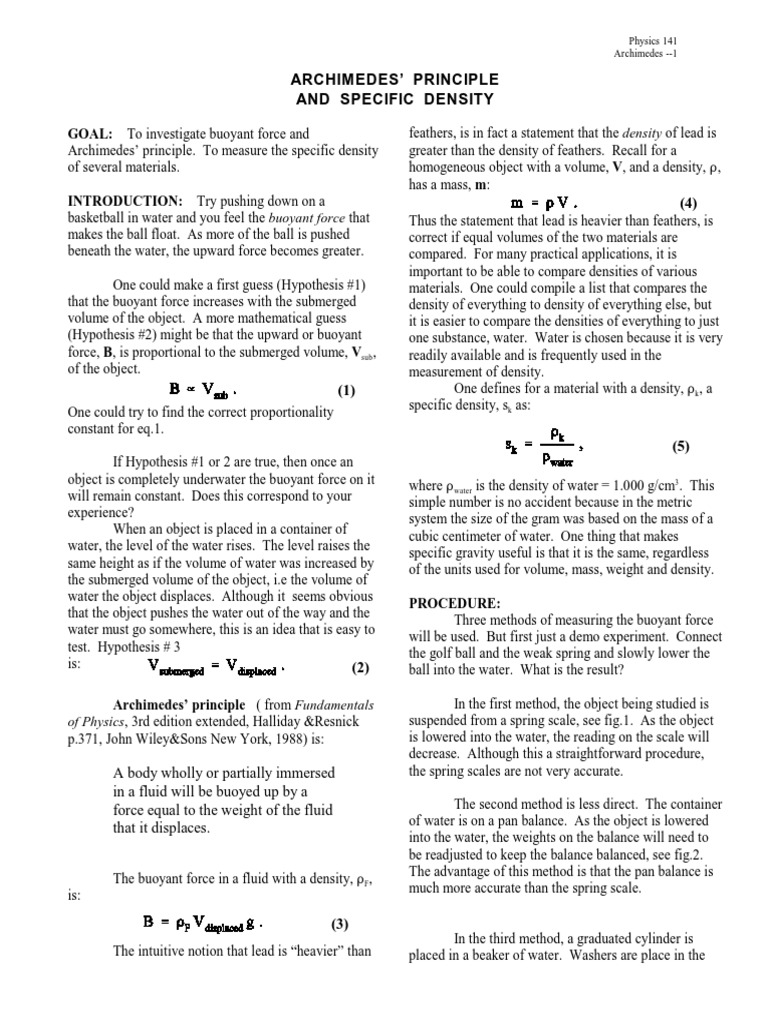 Archimedes' Principle and Density Experiment | PDF