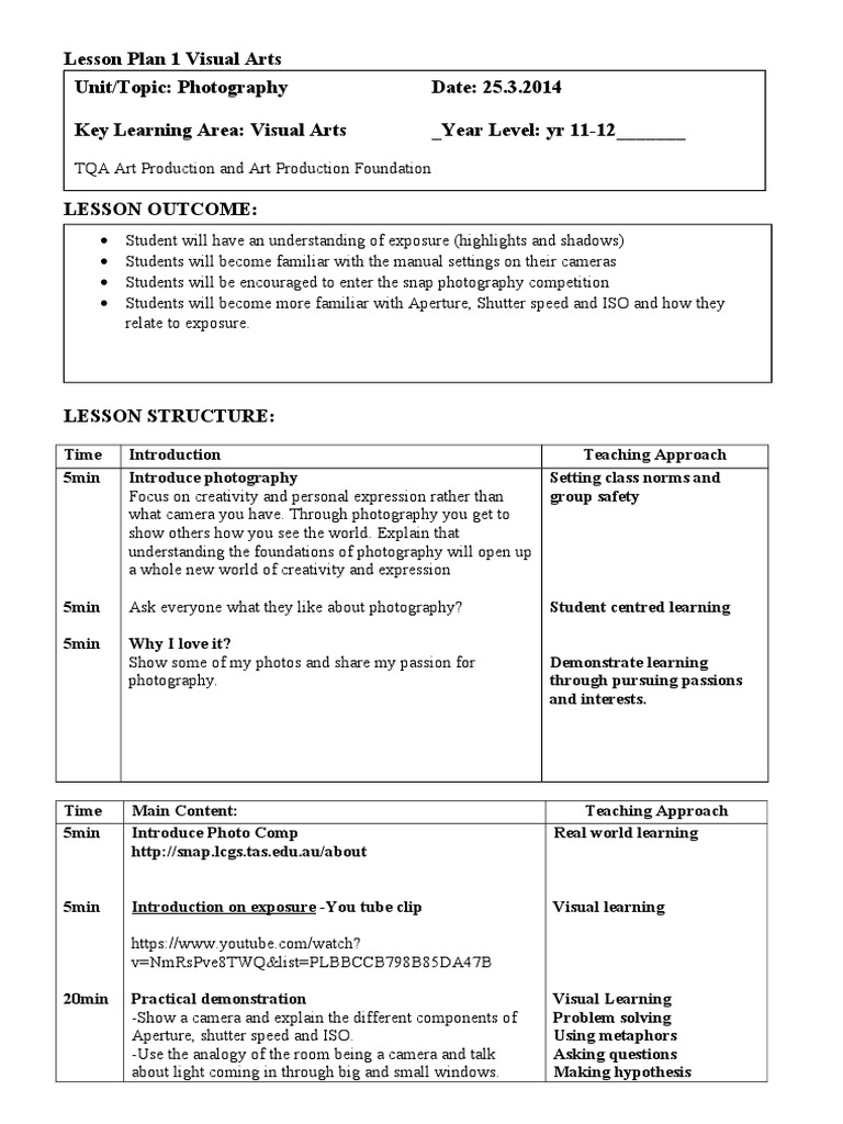 Photography Lesson Plan for Visual Arts | PDF | Exposure (Photography ...