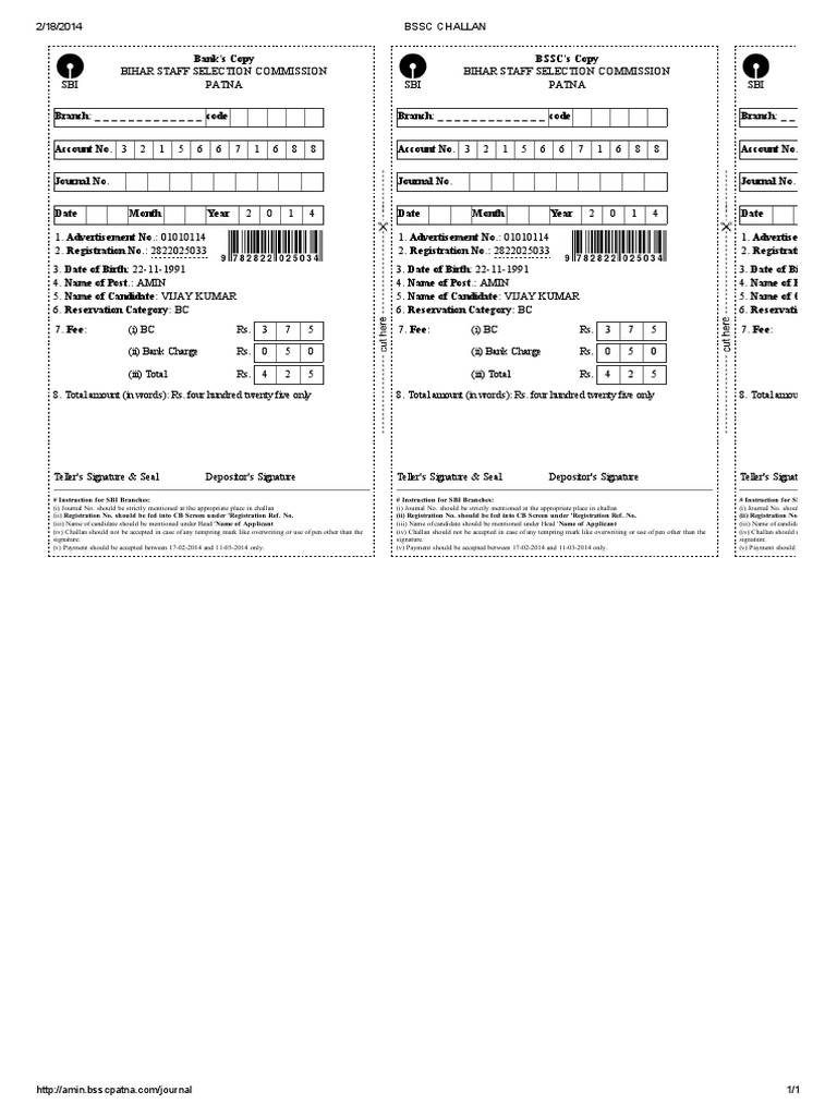 BSSC Challan | PDF | Fee | Service Industries