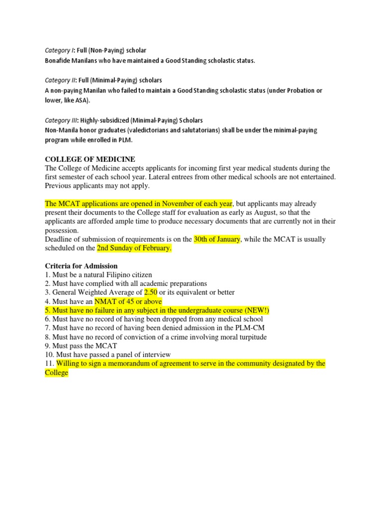 Requirements for PLM MED Admission | Medical School | Medical College ...