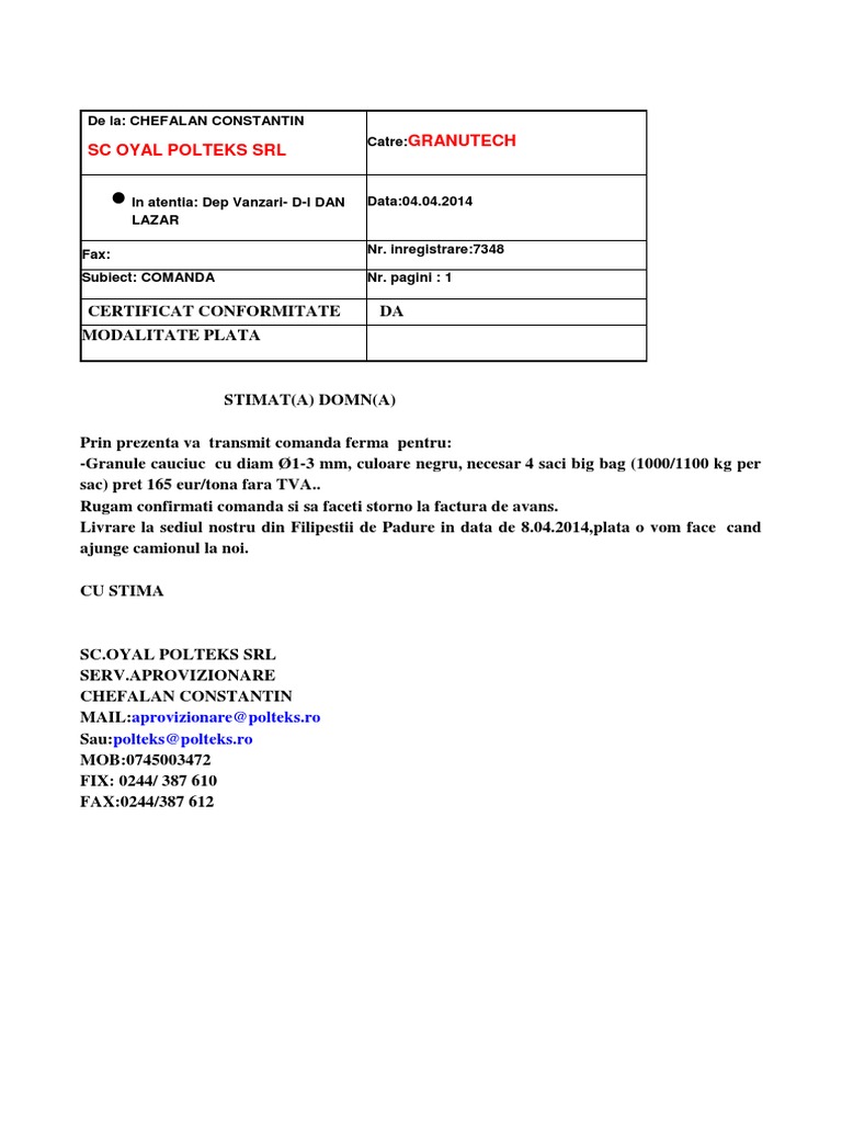Comanda de transport granule cauciuc | PDF