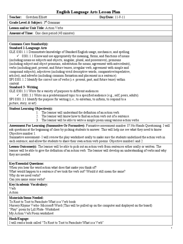 English Language Arts Lesson Plan | PDF | English Language | Pronoun