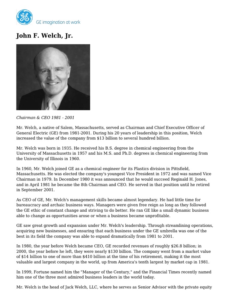 John F. Welch, JR.: Chairman & CEO 1981 - 2001 | PDF | Business