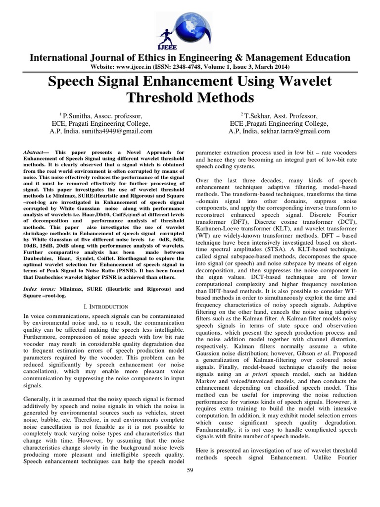59-65-Speech Signal Enhancement Using Wavelet Threshold Methods | Download Free PDF | Wavelet ...