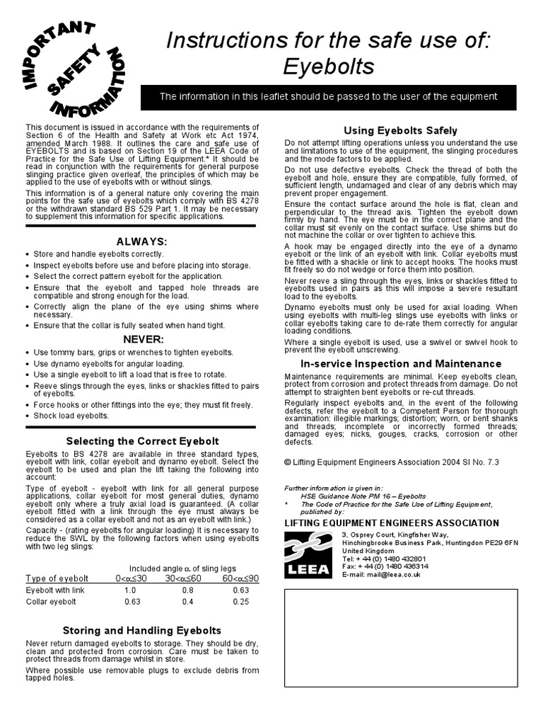 Instructions For The Safe Use Of: Eyebolts | PDF | Technology & Engineering
