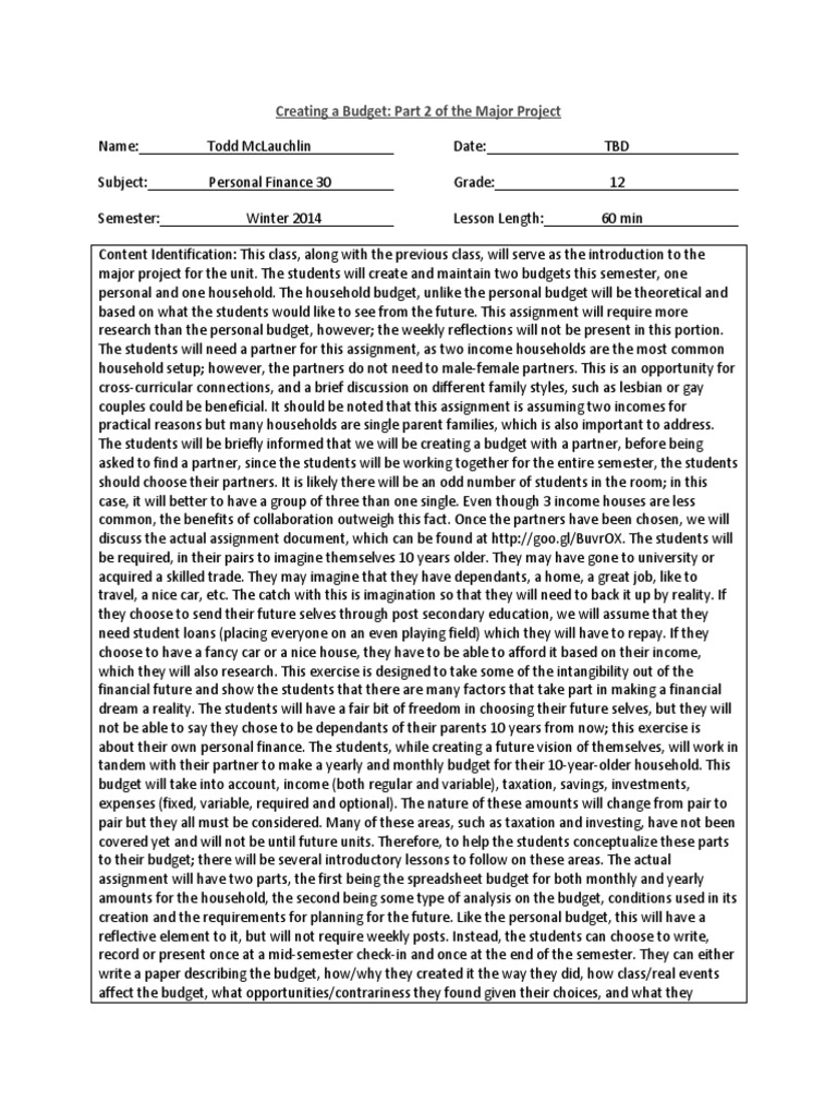 Household Budget Creation Project Guide | PDF | Budget | Lesson Plan