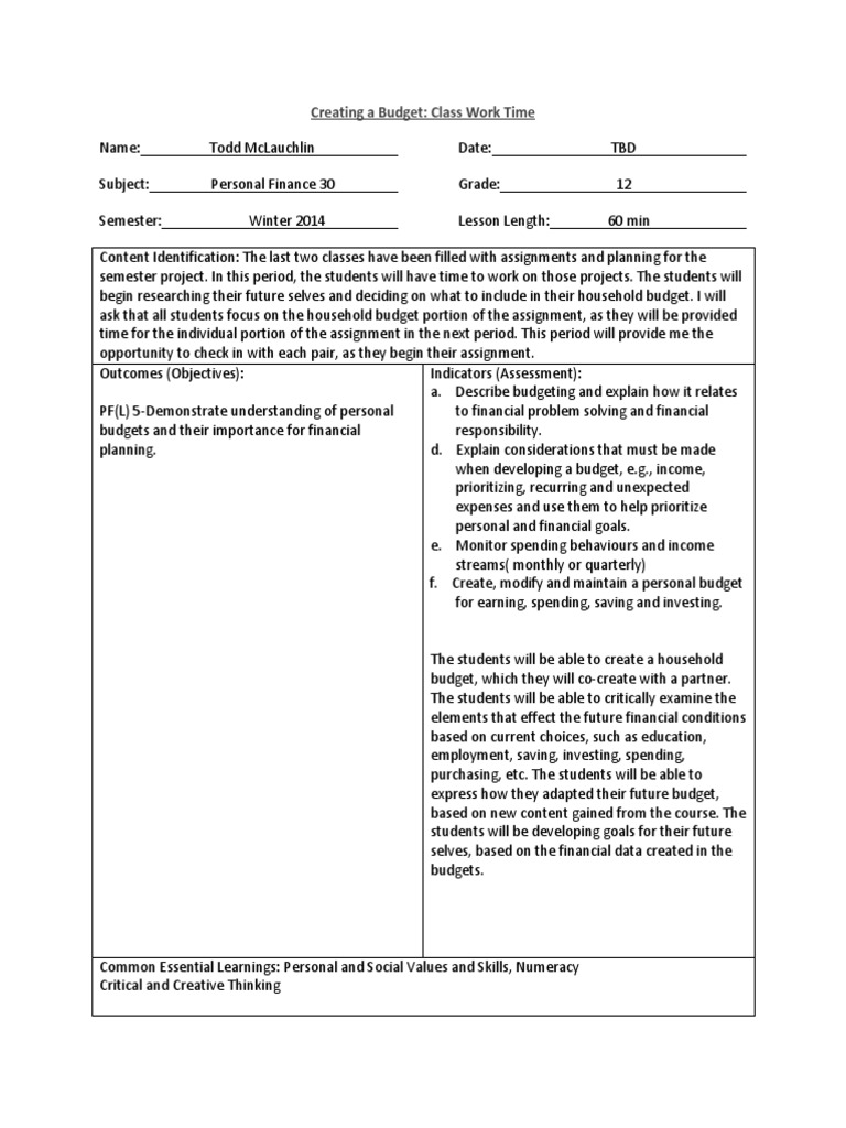Personal Finance 30 Budgeting (Day 07) - Lesson Plan | PDF | Personal ...
