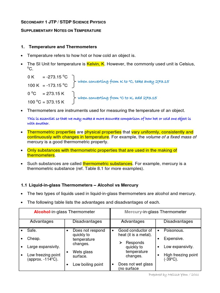 (NOTES) Temperature | PDF | Thermometer | Temperature