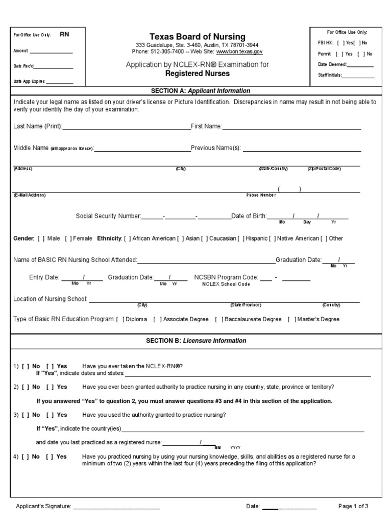 Texas Board of Nursing: Application by NCLEX-RN® Examination For | PDF ...
