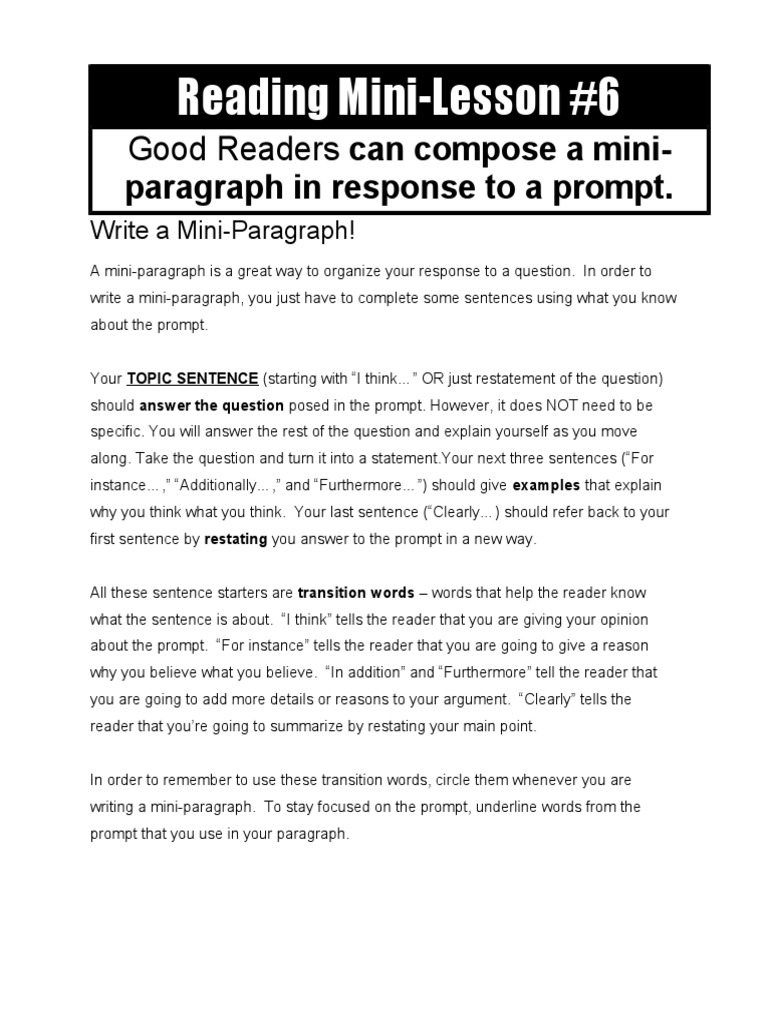 Reading Mini-Lesson #6: Good Readers Can Compose A Mini | PDF