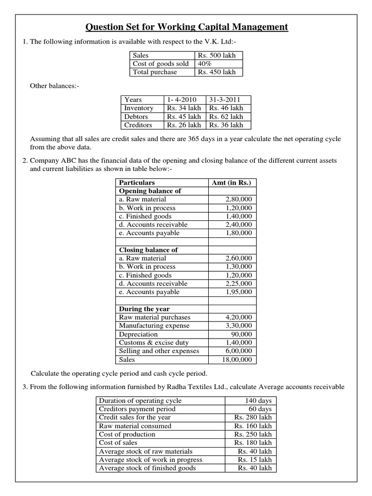 Working Capital Management Calculations | PDF
