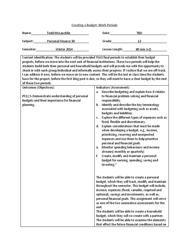 Personal Finance 30 Budgeting (Day 10-11) - Lesson Plan | PDF | Budget ...