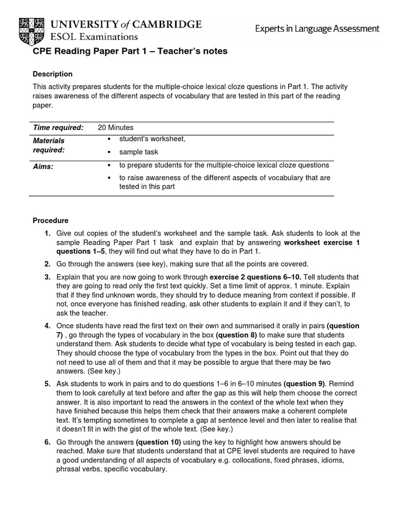 CPE Reading Paper Part 1 | Download Free PDF | Phrase | Idiom