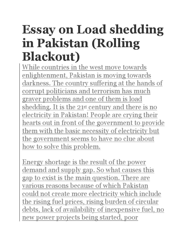 Essay On Load Shedding in Pakistan (Rolling Blackout) | PDF | Energy ...