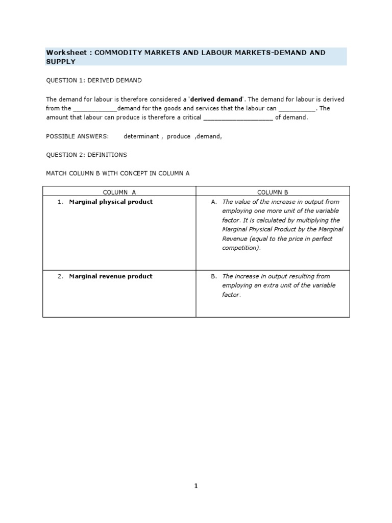 Worksheet 1 | PDF | Labour Economics | Demand