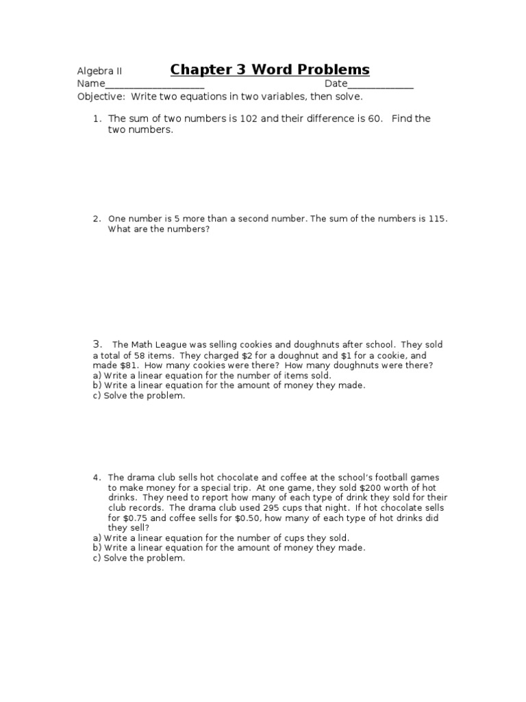 Alg 2 Chapter 3 Word Problems | Download Free PDF | Equations ...