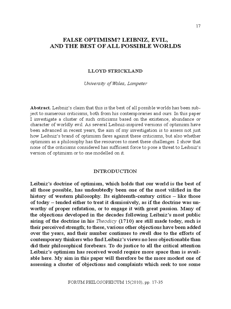 False Optimism? Leibniz, Evil, and The Best of All Possible Worlds ...