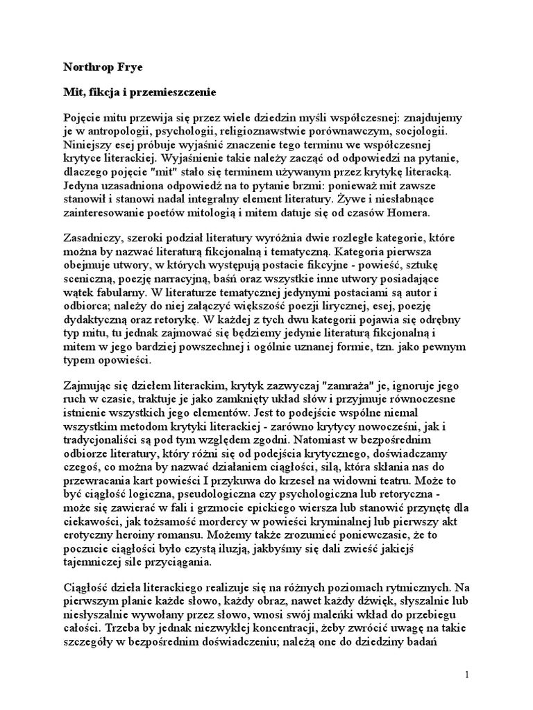 Northrop Frye, Mit, Fikcja I Przemieszczenie | PDF