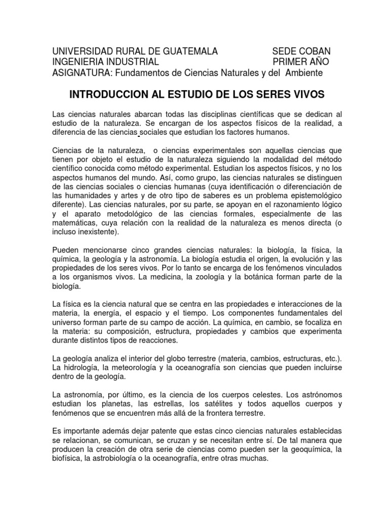 INTRODUCCION AL ESTUDIO DE LOS SERES VIVOS - Docx U RURAL 2014 | PDF ...