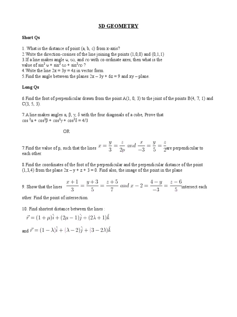 3D Geometry: Short Qs | PDF | Teaching Methods & Materials